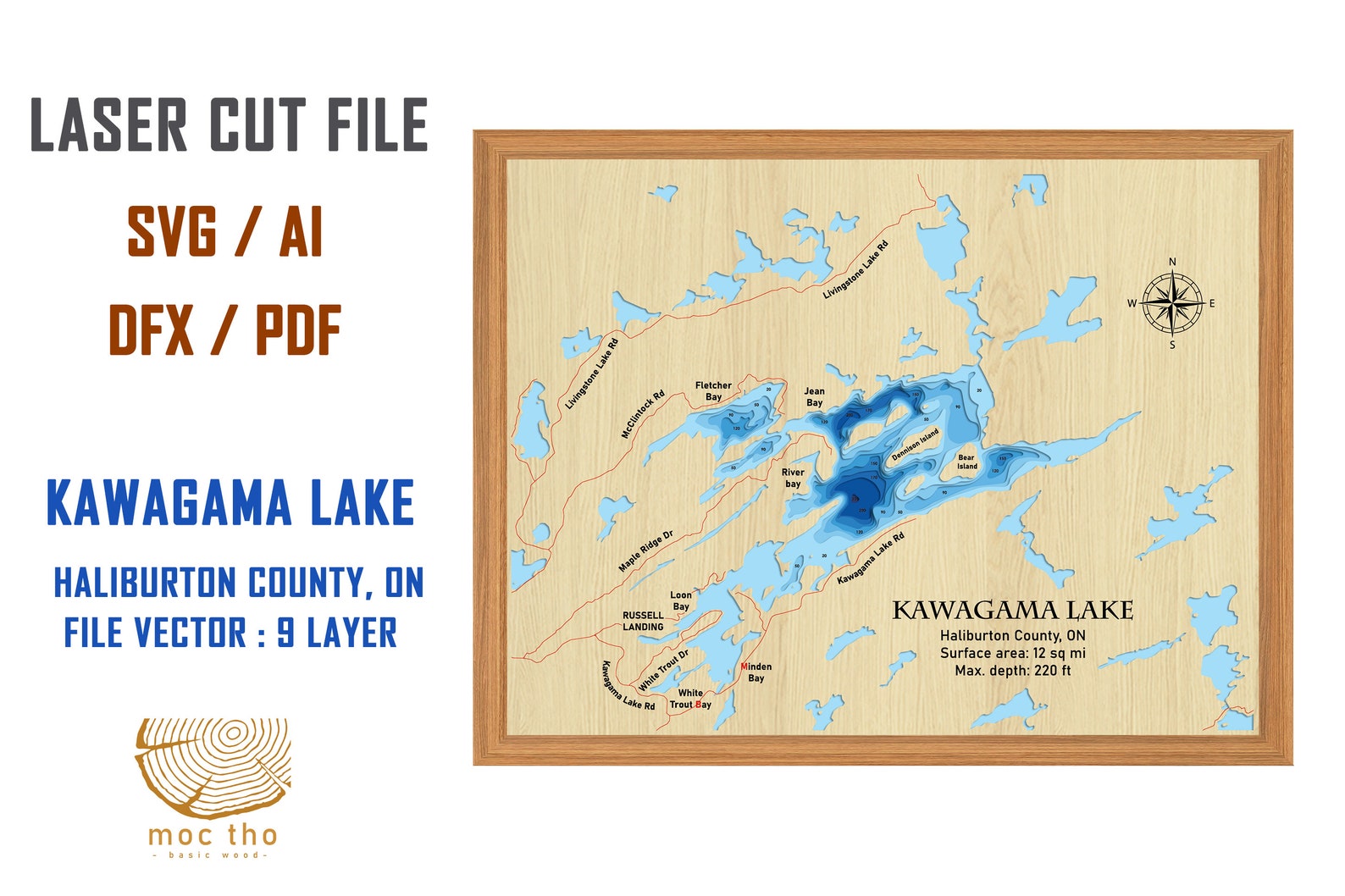 Digital File PDF, SVG - Kawagama Lake Ontario Map Bathymetric Depth ...
