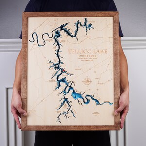 Tellico Reservoir Tennessee Wood Map 3D Custom Lake, Island, Coast Map ...