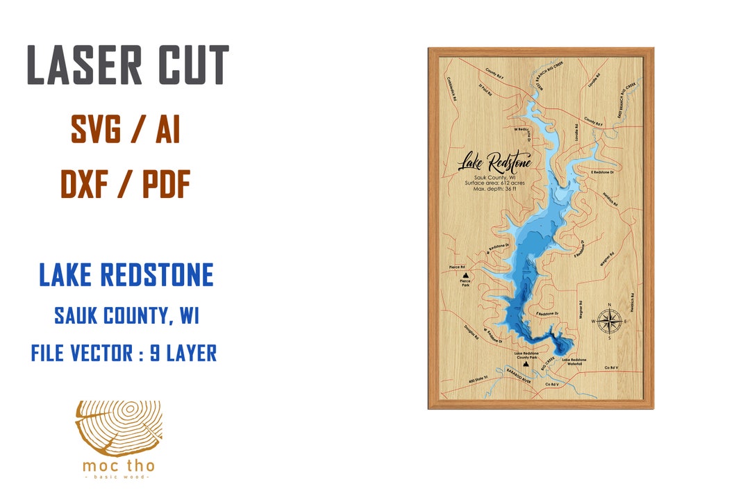 Digital File PDF, SVG - Lake Redstone Wisconsin Bathymetric Depth ...