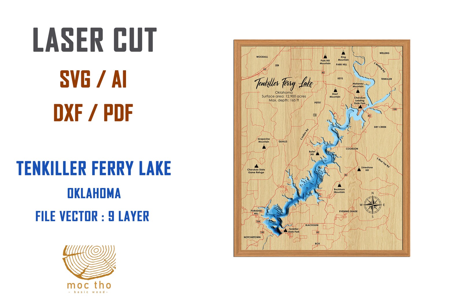 Digital File PDF, SVG Tenkiller Lake Oklahoma, Bathymetric Depth Layers ...
