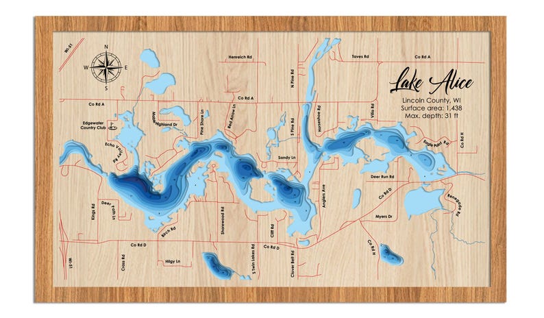 Digital File PDF, SVG - Lake Alice Wisconsin Bathymetric Depth Layers ...