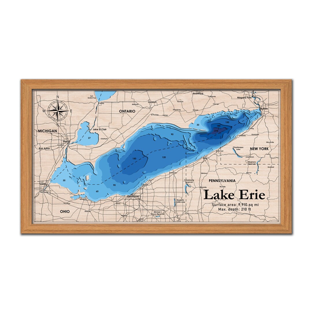 Lake Erie Wood Bathymetric Map , Custom Wood Lake, River Map ...
