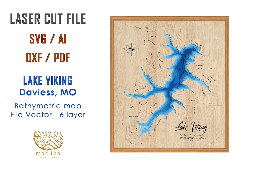 Digital File PDF, SVG - Lake Viking Missouri Map Bathymetric Depth ...