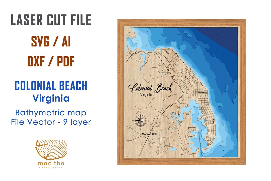 Digital File PDF, SVG Colonial Beach Va Bathymetric Depth Layers SVG ...
