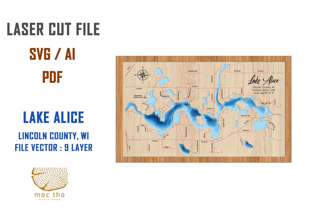 Digital File PDF, SVG - Lake Alice Wisconsin Bathymetric Depth Layers ...