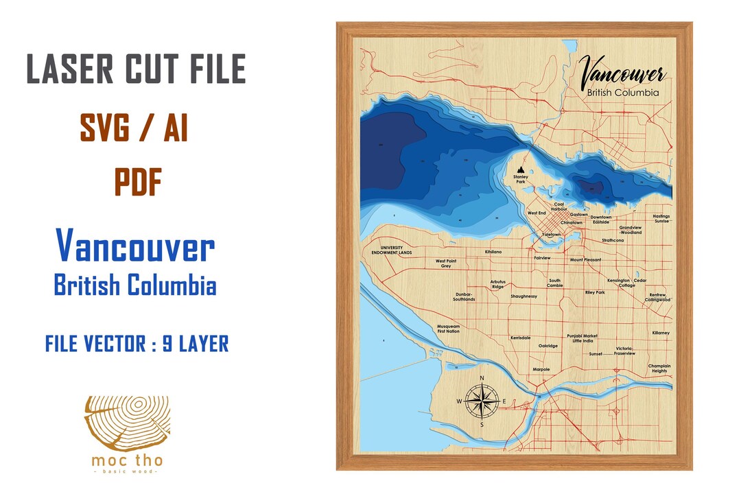 Digital File PDF, SVG - Vancouver British Columbia Map, Bathymetric ...