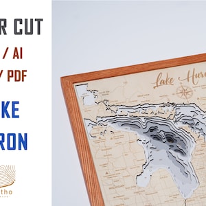 Digital File DXF, AI, SVG - Lake Huron Map Wood Bathymetric Map ...
