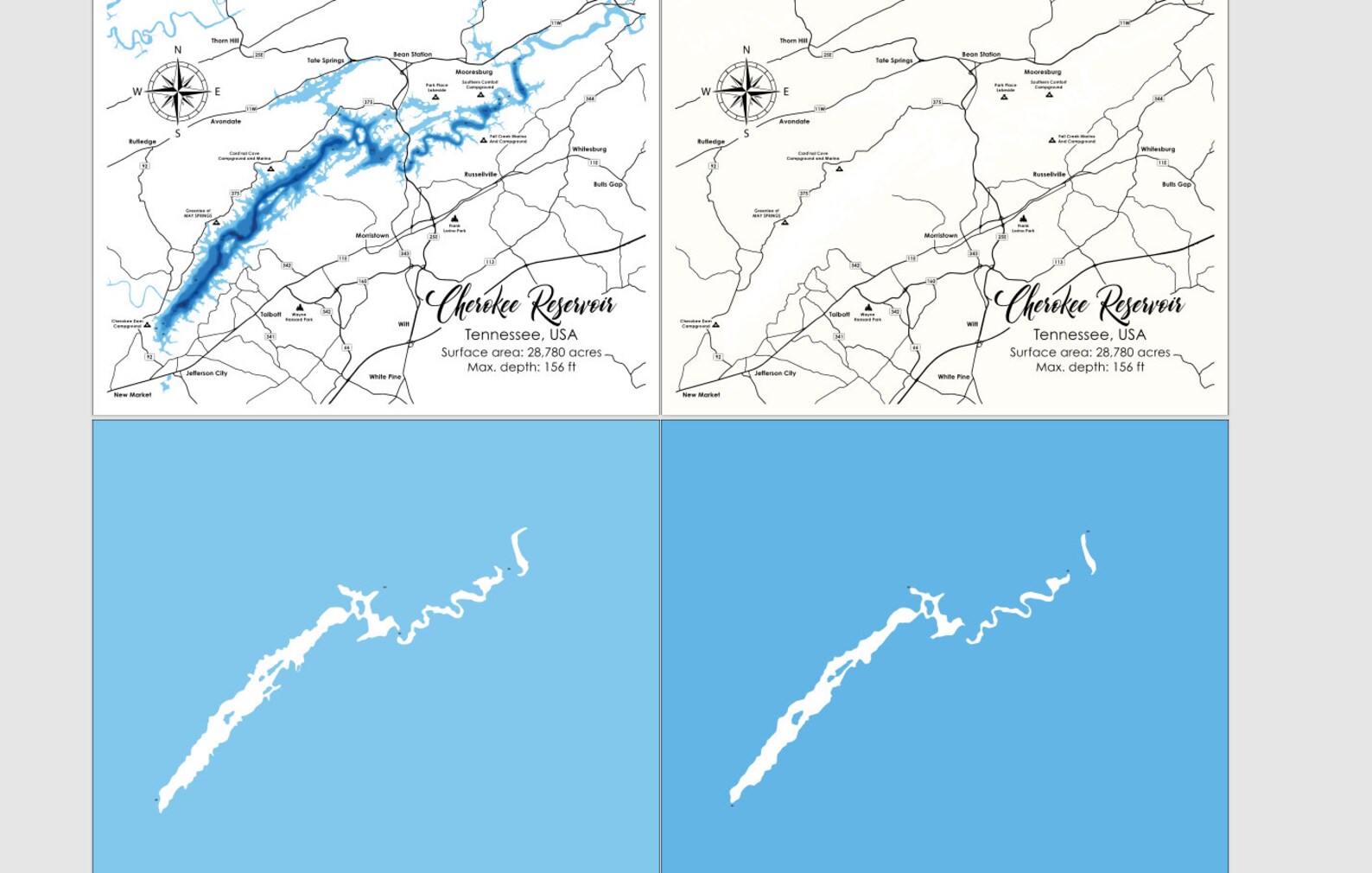 Digital File PDF, SVG - Cherokee Lake Tennessee Bathymetric Depth ...