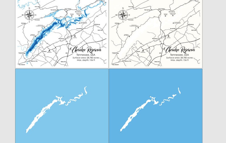 Digital File PDF, SVG - Cherokee Lake Tennessee Bathymetric Depth ...
