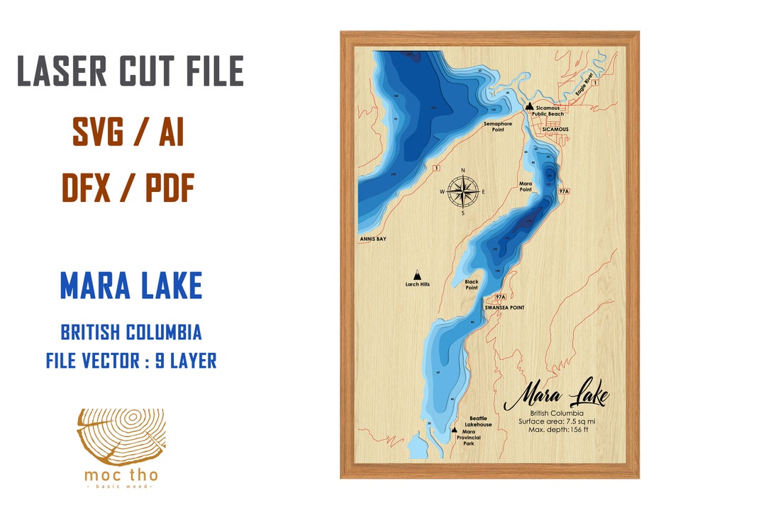 Digital File PDF, SVG - Mara Lake British Columbia Map Bathymetric ...