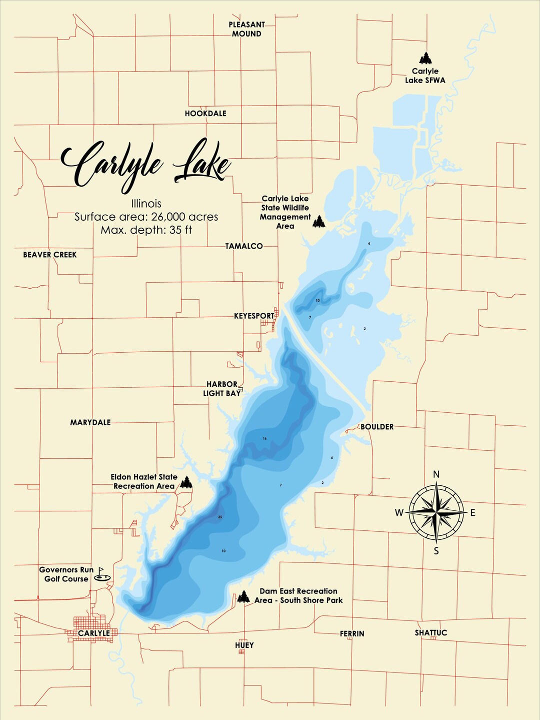 Digital File PDF, SVG Carlyle Lake Illinois Bathymetric Depth Layers ...