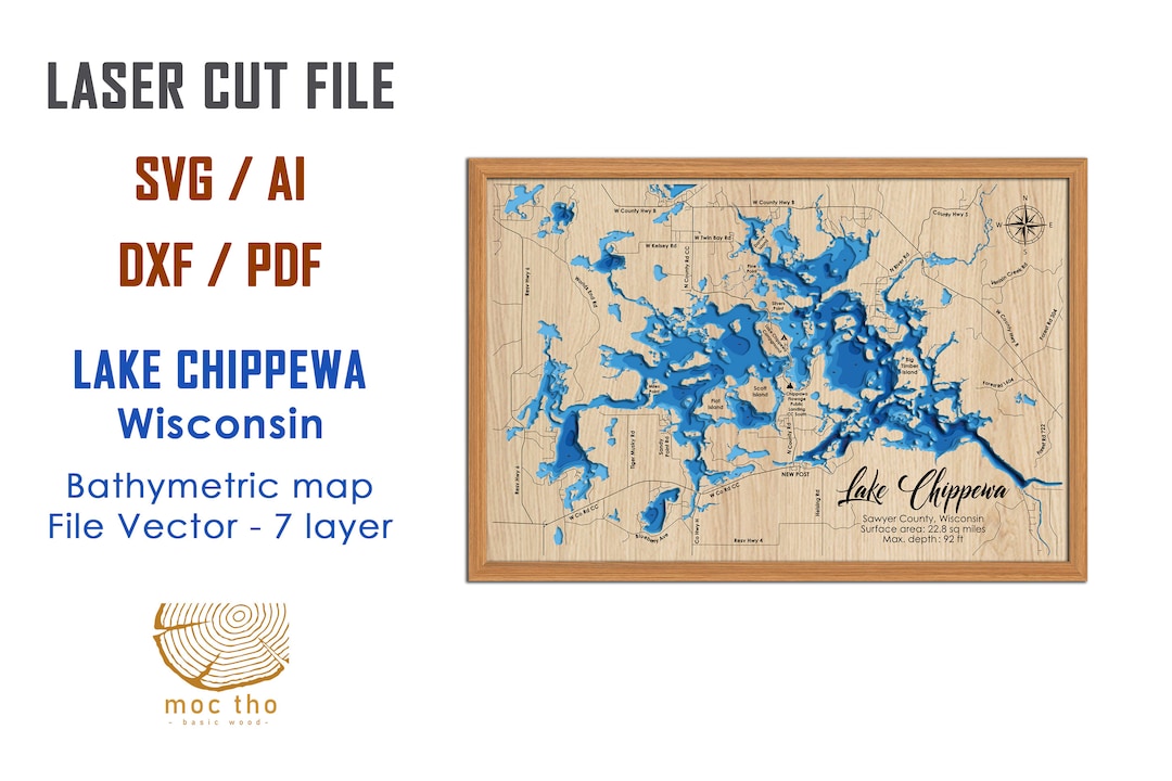 Digital File PDF, SVG - Lake Chippewa Wisconsin, Bathymetric Depth ...