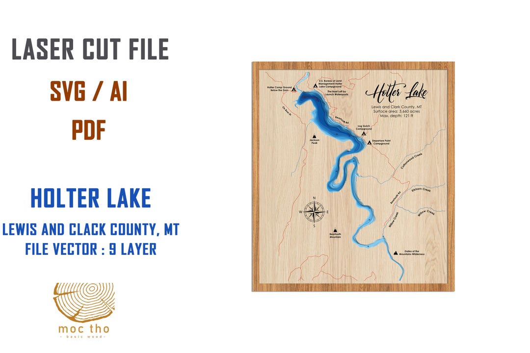 Digital File PDF, SVG - Holter Lake Montana Bathymetric Depth Layers ...