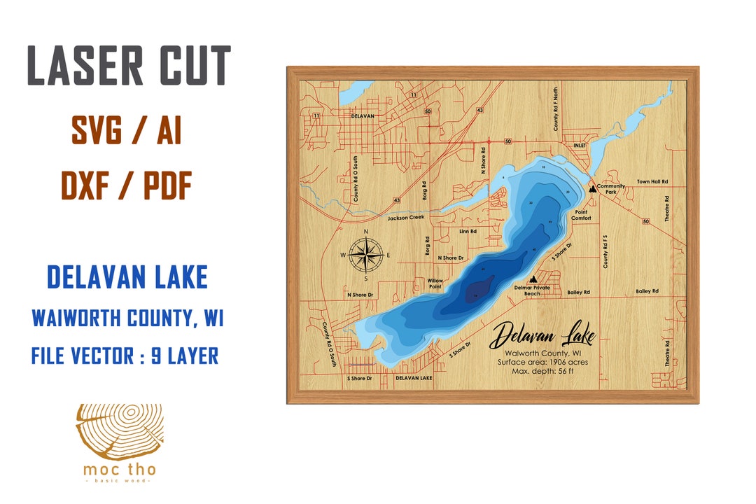 Digital File PDF, SVG - Delavan Lake, Wisconsin Map Bathymetric Depth ...