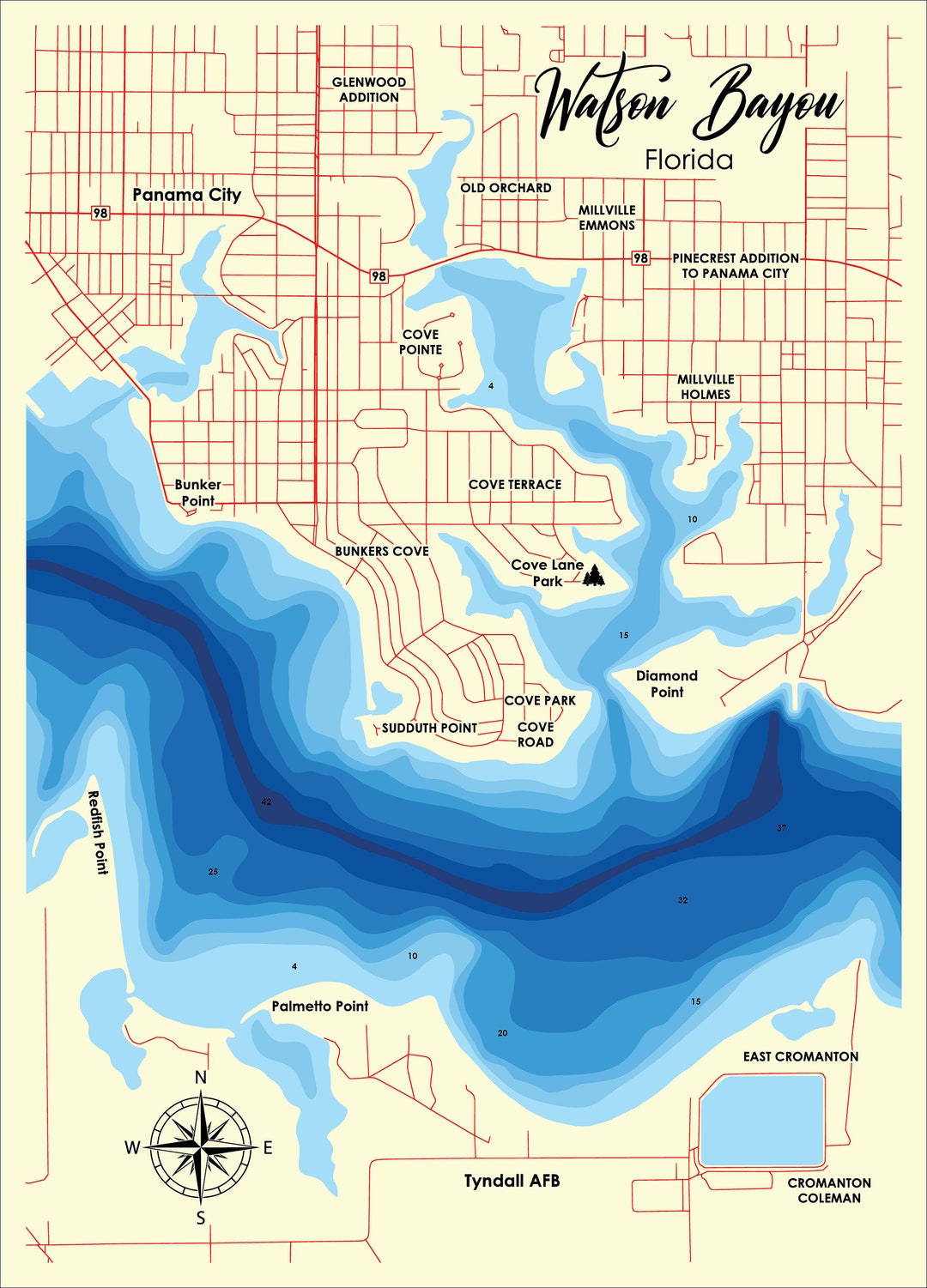 Digital File PDF, SVG Watson Bayou Panama City Florida, Bathymetric ...