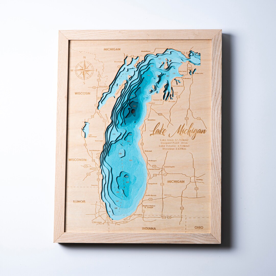 Lake Michigan 10 Layer Wood Map, Great Lakes - Custom Map Wood ...