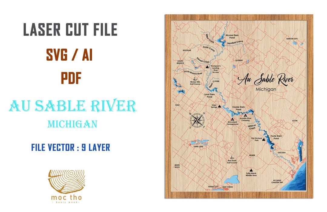 Digital File PDF, SVG - Au Sable River Map, Bathymetric Depth Layers ...