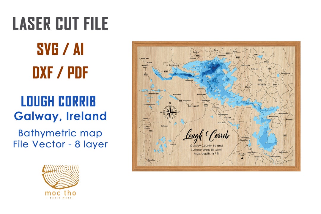 Digital File PDF, SVG - Lough Corrib Ireland, Bathymetric Depth Layers ...