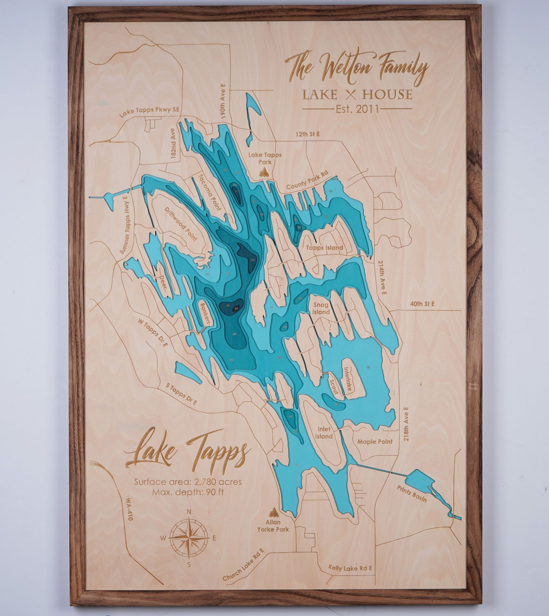Lake Tapps Washington Wood Map 3D Custom Lake, Island, Coast Map ...