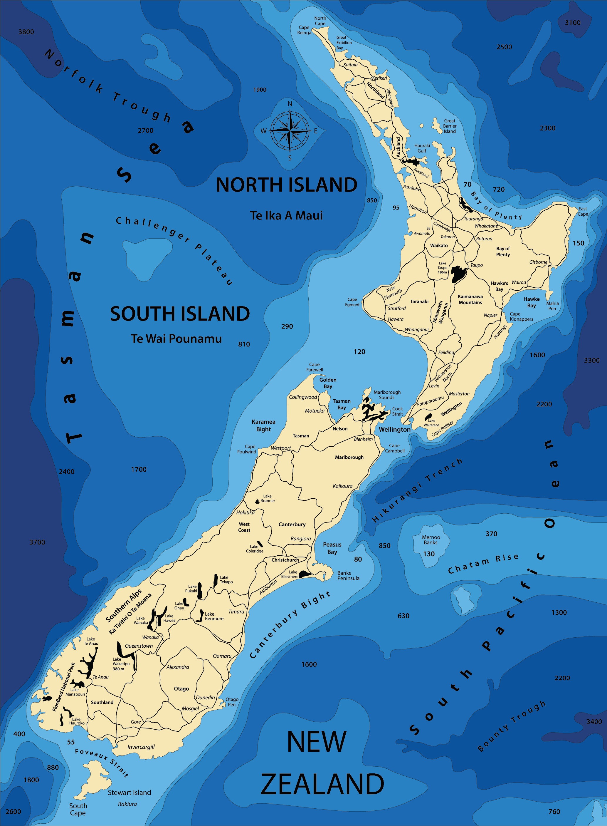 Digital File DXF, AI, SVG - New Zealand Map Wood Bathymatric Map ...