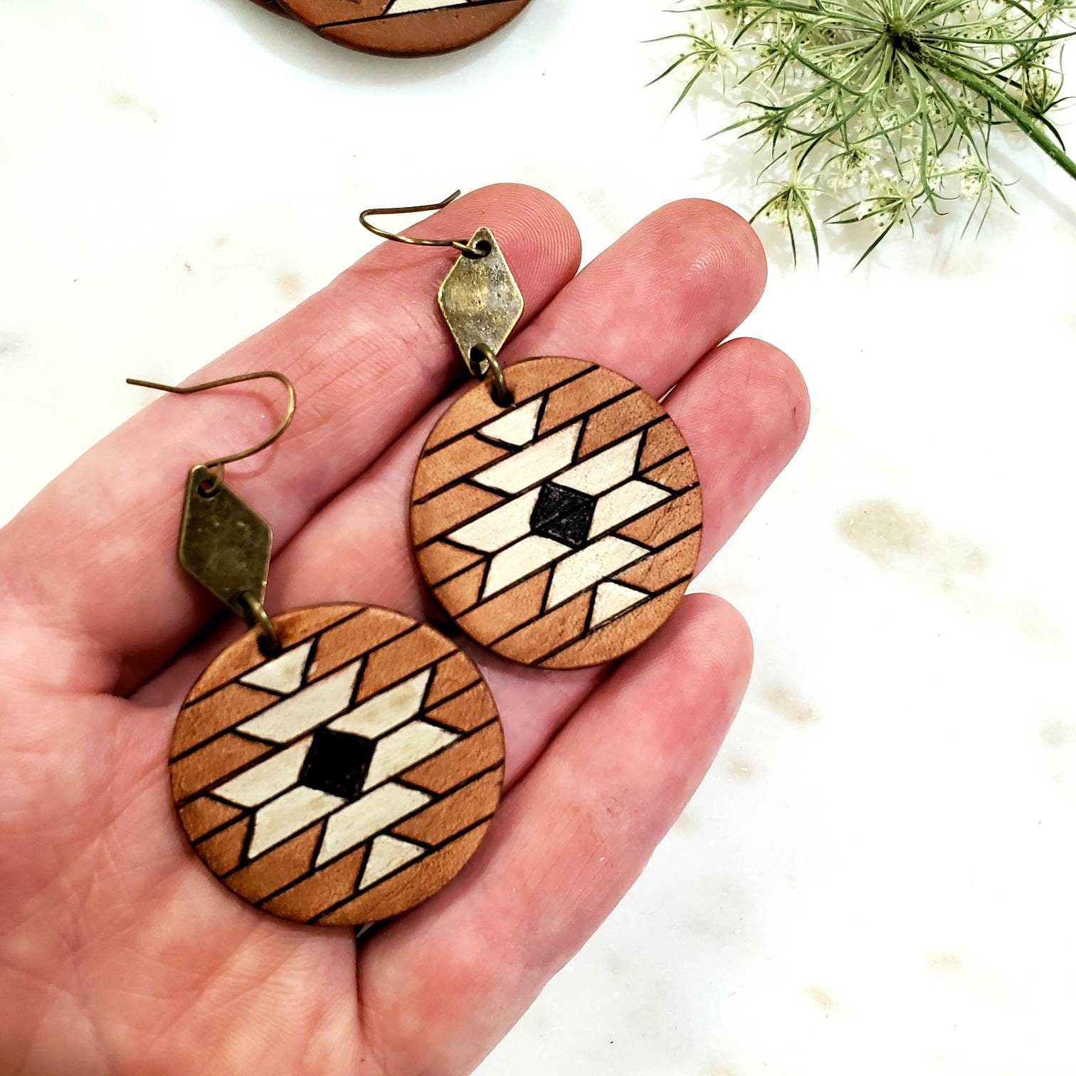 Aztec Geometric Round Leather Earrings - Etsy