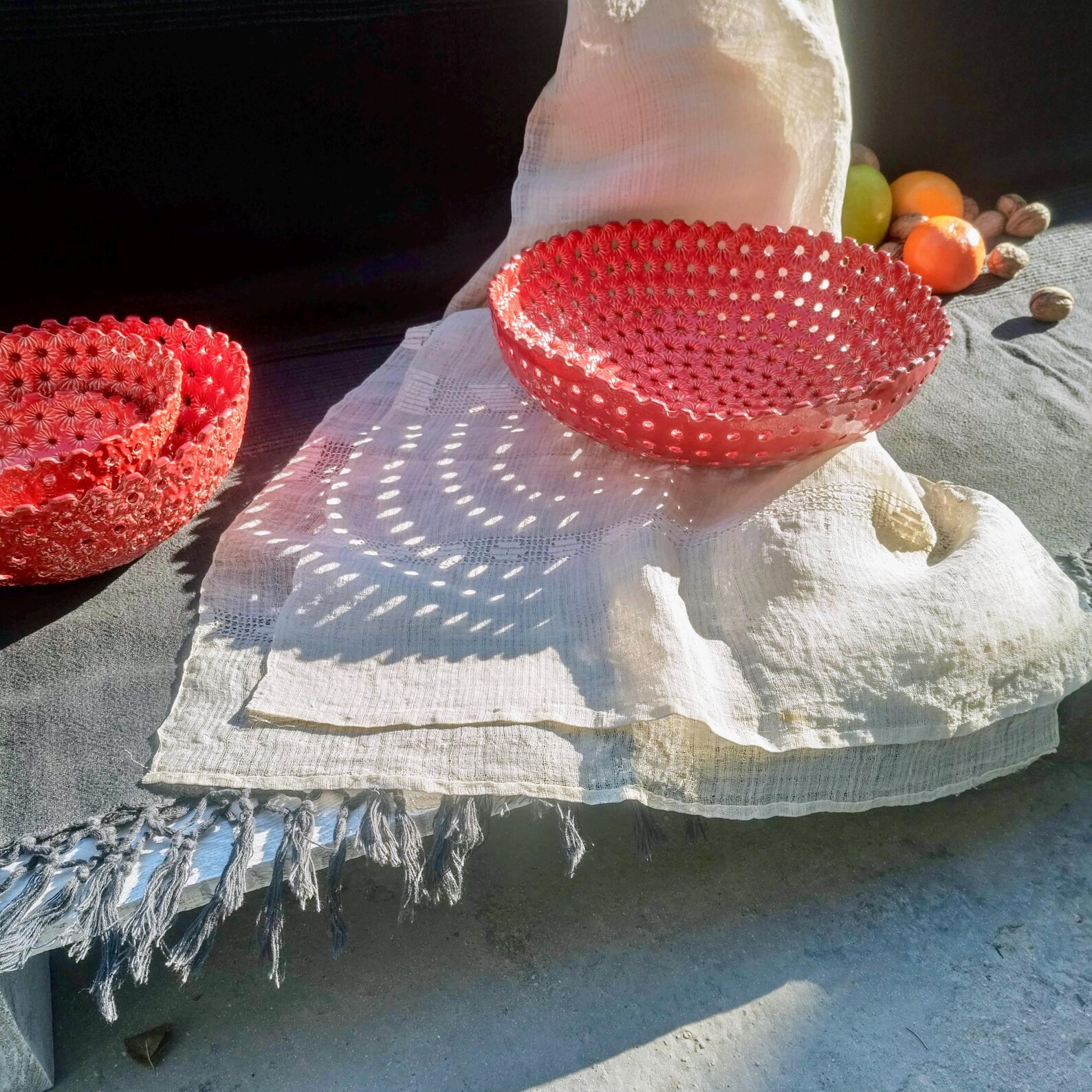 Red Lace Ceramic Fruit Bowl – Handmade Openwork Centerpiece, Large ...