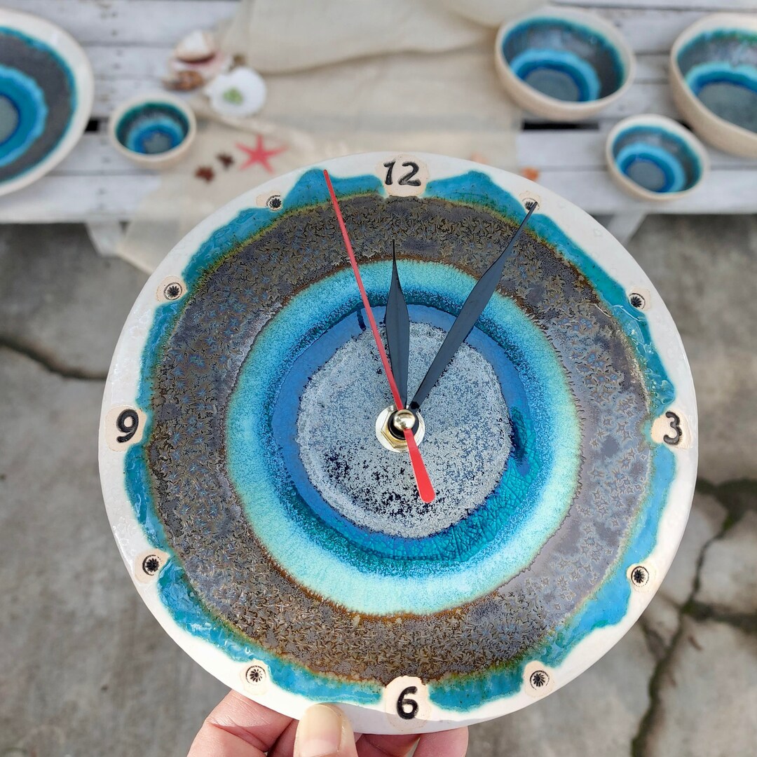 Unique Wall Clock, Blue Art, Ceramic Clock, Blue Home Decor, Pottery ...
