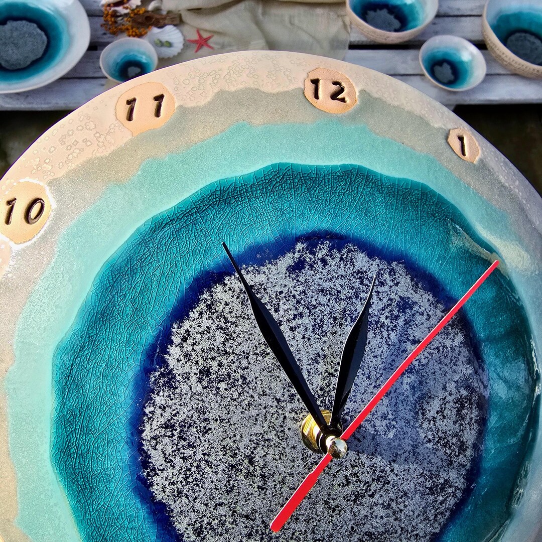 Handmade Ceramic Wall Clock – Crackle Blue Glaze, Modern Pottery Home ...