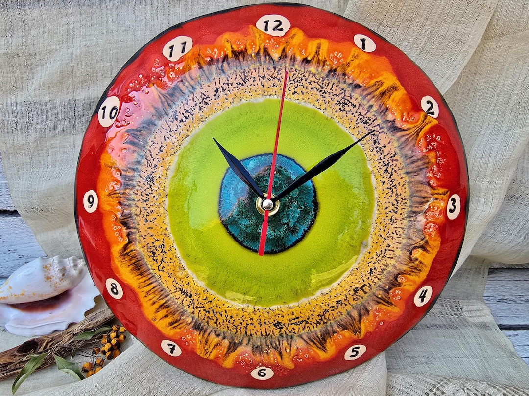 Handmade Ceramic Wall Clock – Red Sun Glaze, Colorful Pottery Kitchen ...