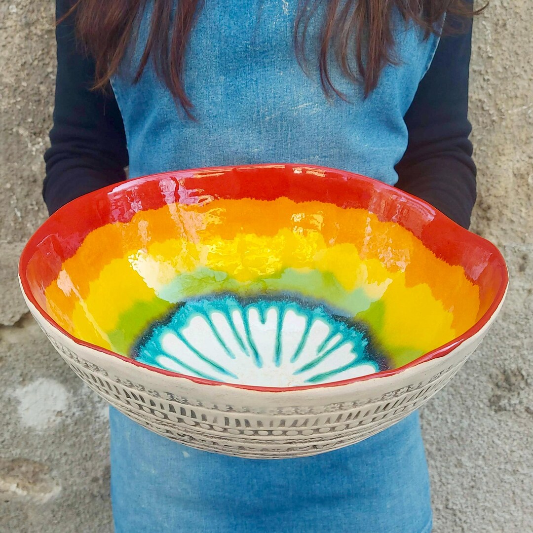 Colorful Centerpiece Kitchen Bowl, Unique Fruit Bowl, Handmade Ceramic ...