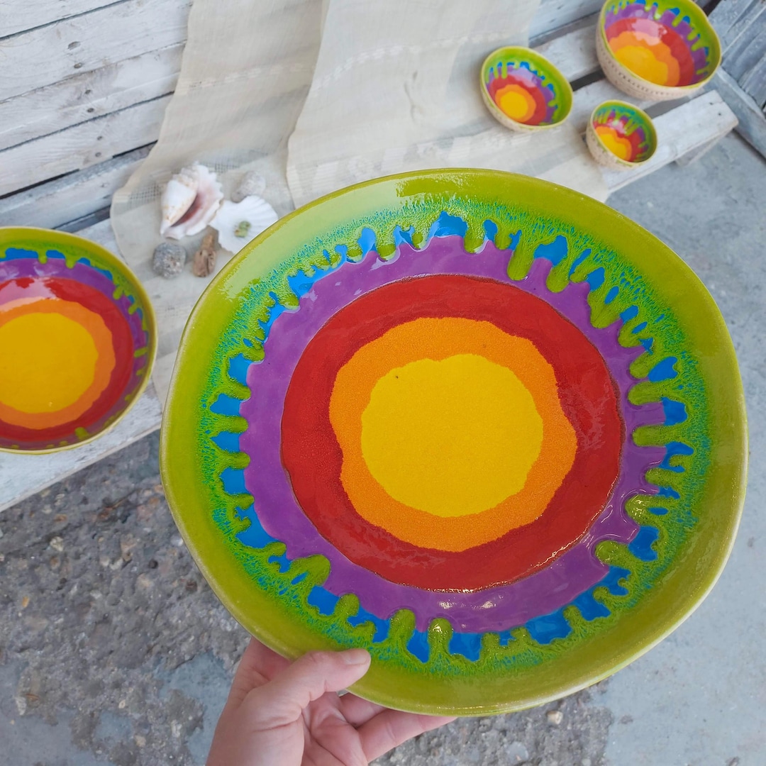 Pottery Wall Plate, Modern Handmade Plate, Colorful Ceramic Art, Large ...