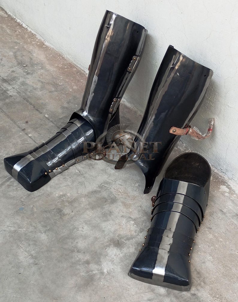 Medieval Steel Greaves With Sabatons – Blackened Leg Armor for Knight ...
