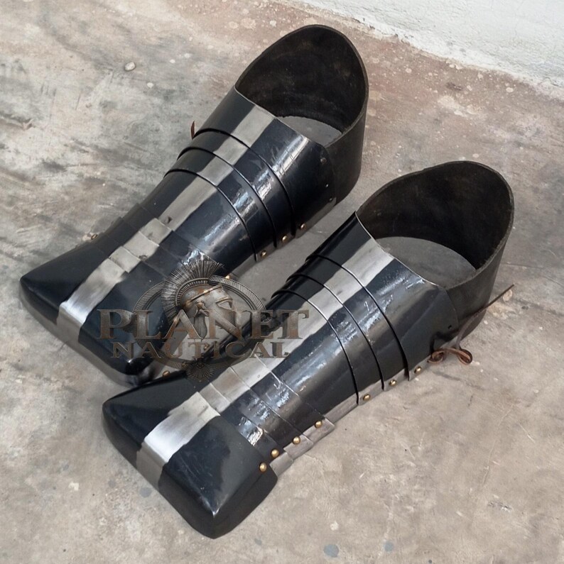 Medieval Steel Greaves With Sabatons – Blackened Leg Armor for Knight ...