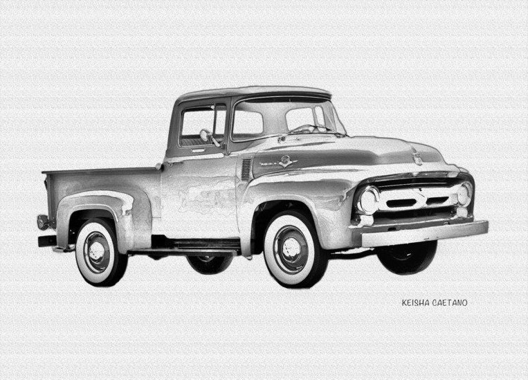 Ford Pickup Drawing, Black and White Art, Antique Car Poster, Vintage ...