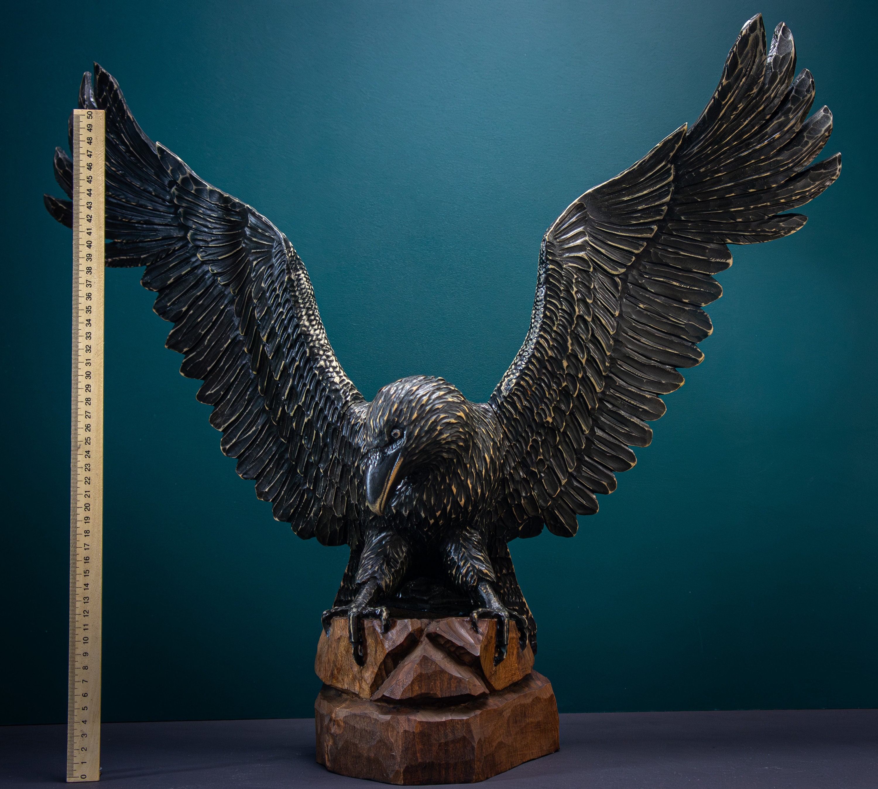 Handmade Unique Big Wooden Sculpture the Raven on a Rock 26.7W22.8H ...