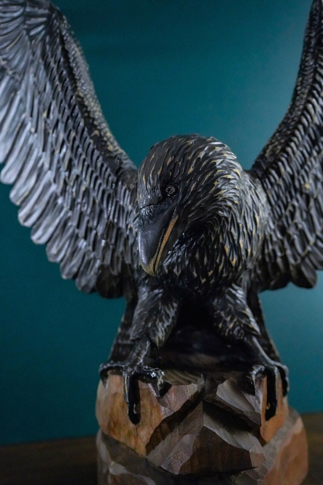Handmade Unique Big Wooden Sculpture "the Raven on a Rock" (26.7W*22.8H ...