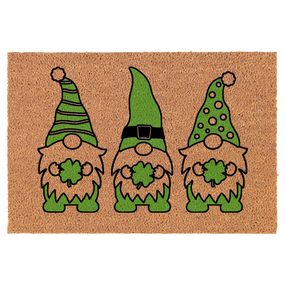 St Patrick's Day Gnomes Holding 4 Leaf Clovers Irish Coir Doormat Door ...