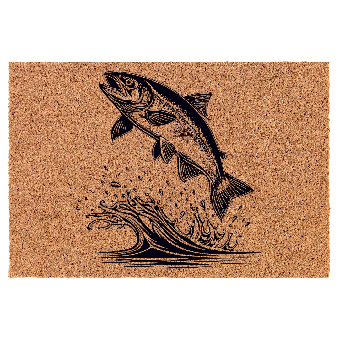 Trout Jumping Fish Fishing Coir Doormat Door Mat Housewarming Gift ...