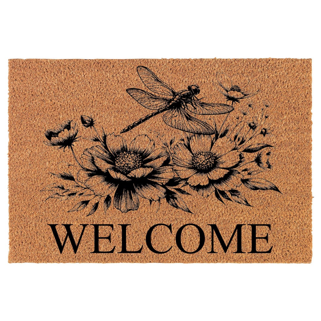 Welcome Dragonfly Flower Blooms Coir Doormat Door Mat Housewarming Gift ...