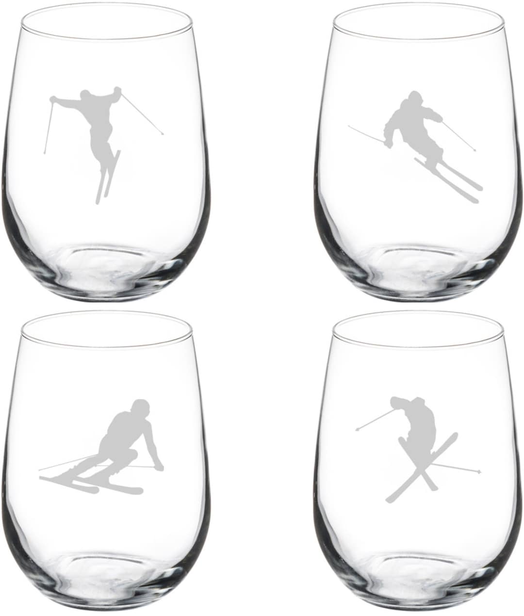 Ski Skier Collection Set of 4 Wine Glass Stemless or Stemmed Set of 4 ...