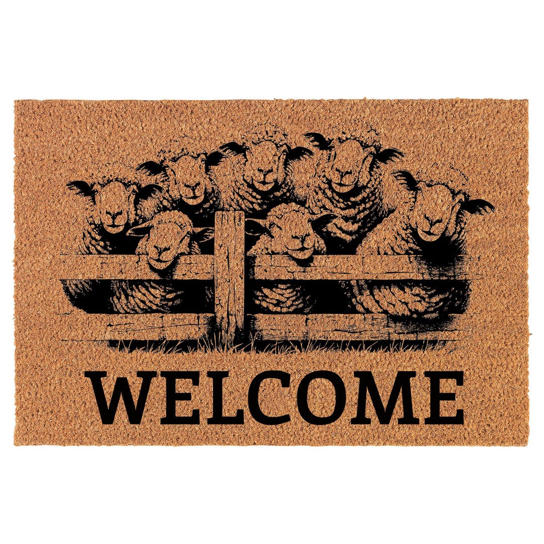 Welcome Sheep Peeking Over Fence Coir Doormat Door Mat Housewarming ...