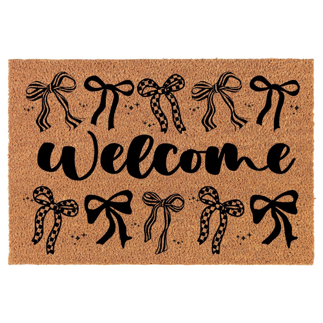 Welcome Checkered Bows Coquette Coir Doormat Door Mat Housewarming Gift ...