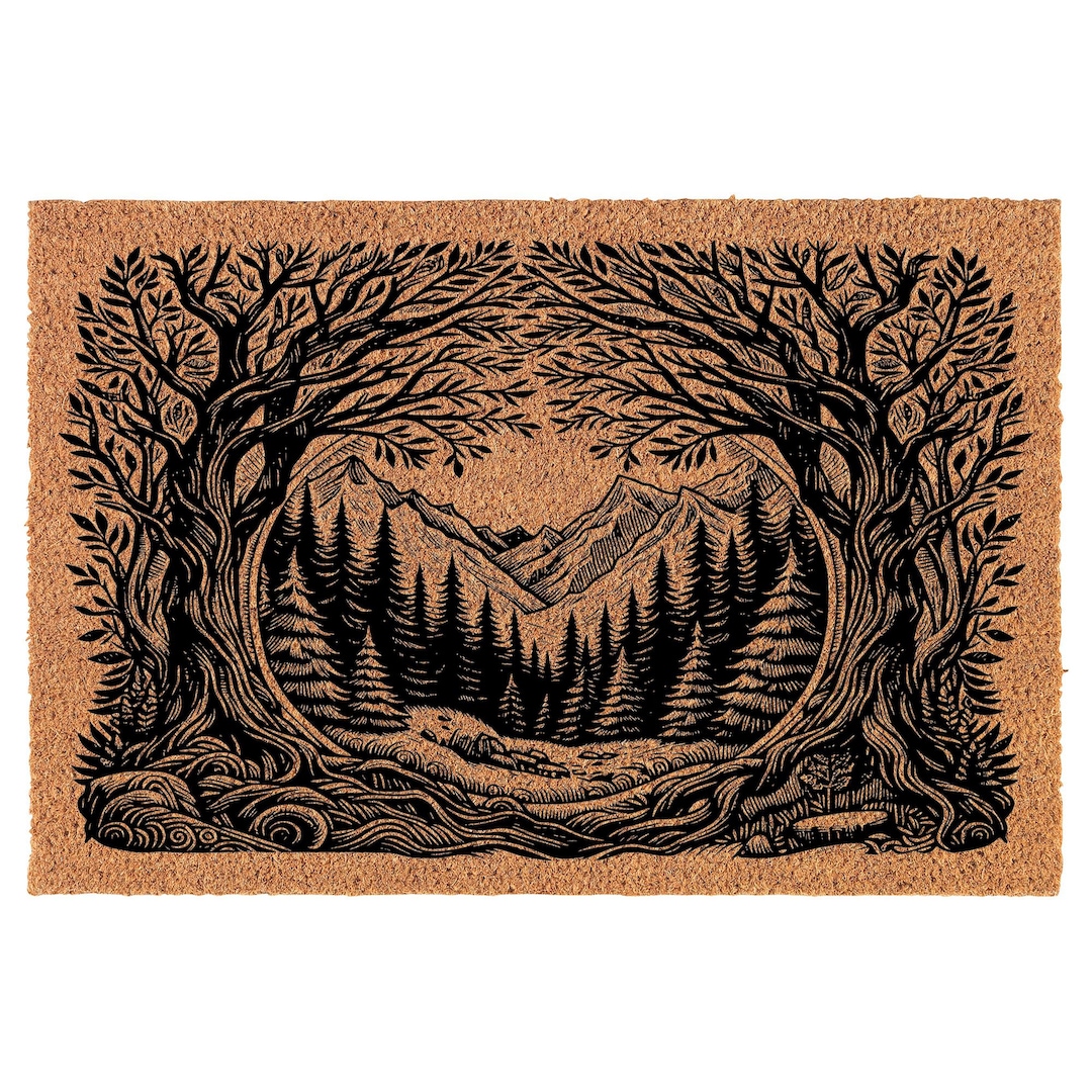 Framed Forest Trees With Mountains Coir Doormat Door Mat Housewarming ...
