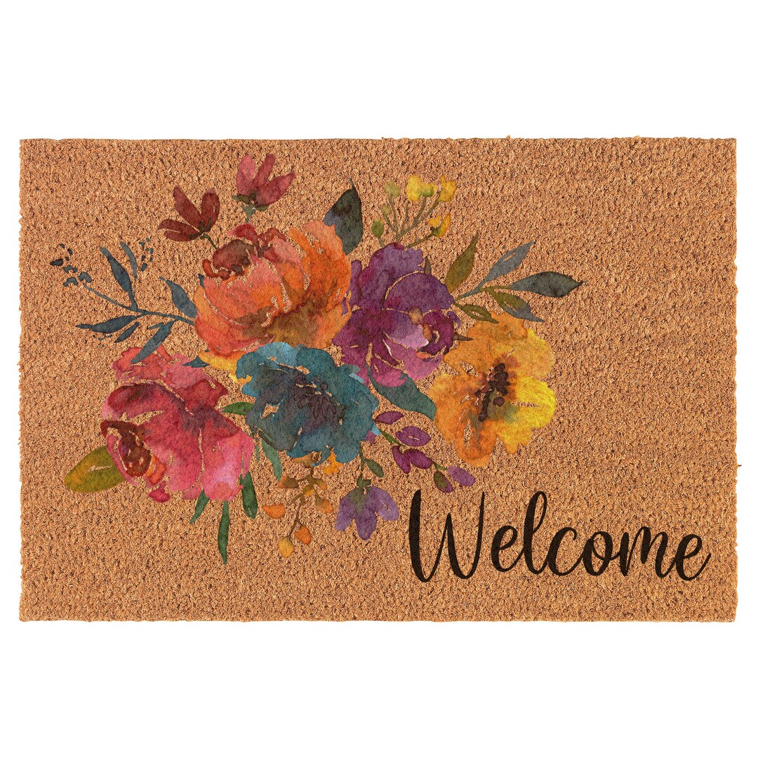 Watercolor Floral Flowers Welcome CORNER Coir Doormat Door Mat Entry ...