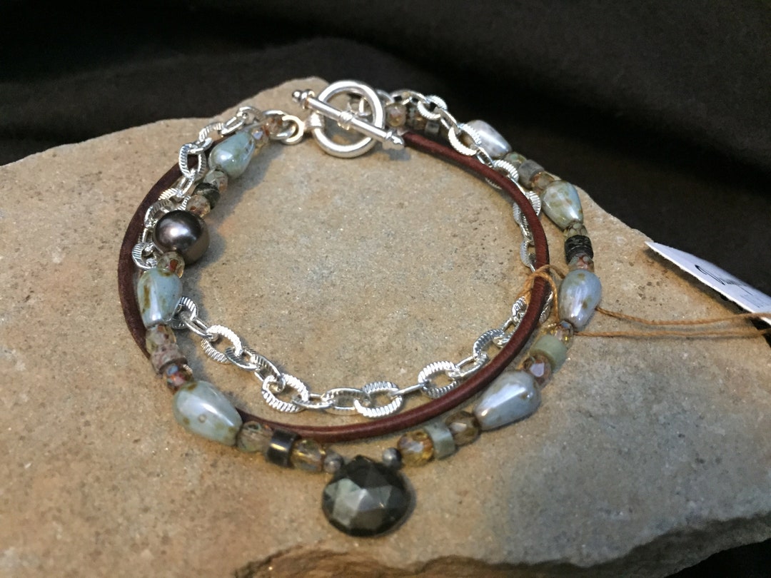 Three-strand Bead, Leather and Sterling Chain Bracelet - Etsy