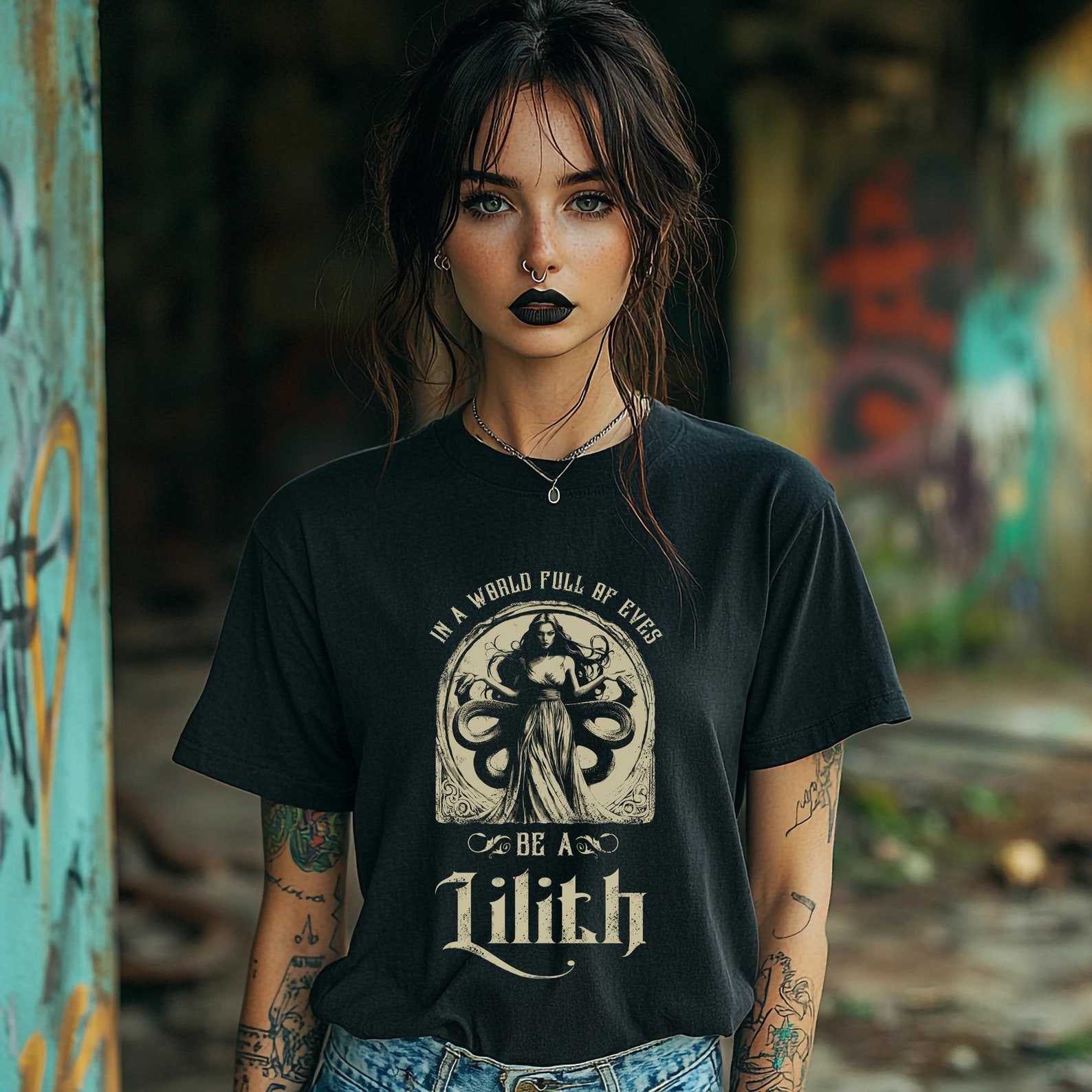 Lilith Gothic Tee Shirt: Celestial Snake, Dark Goddess, Alt Clothing - Etsy