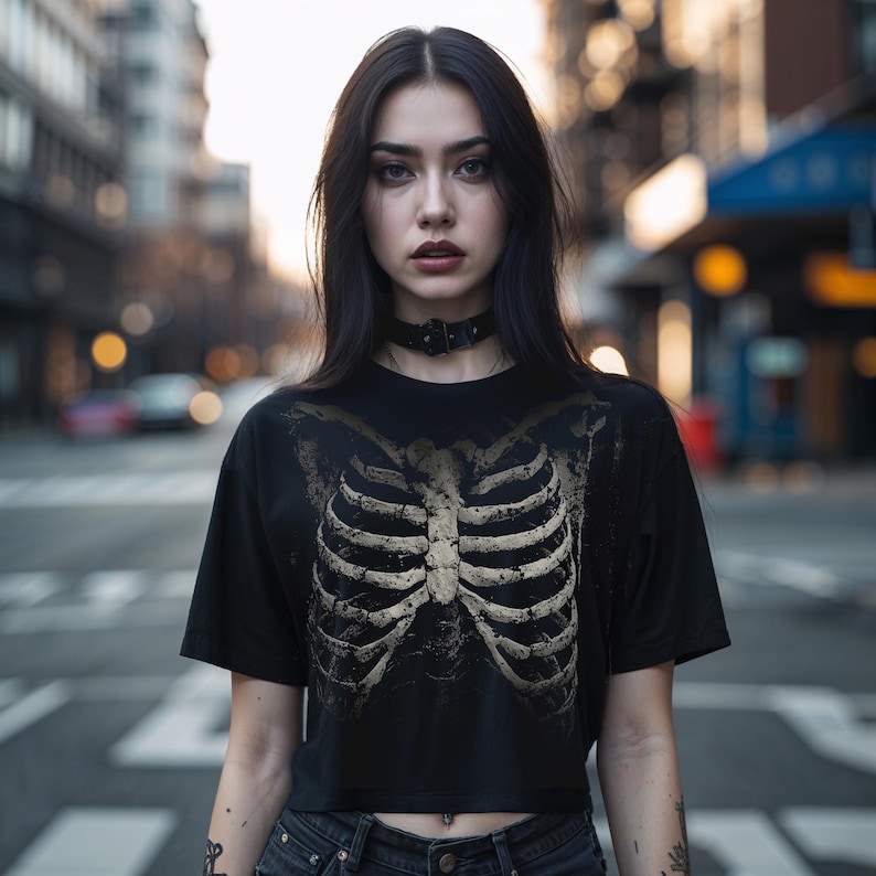 Gothic Skeleton Rib Cage Crop Top: Grunge Alt Fashion Tee, Halloween ...
