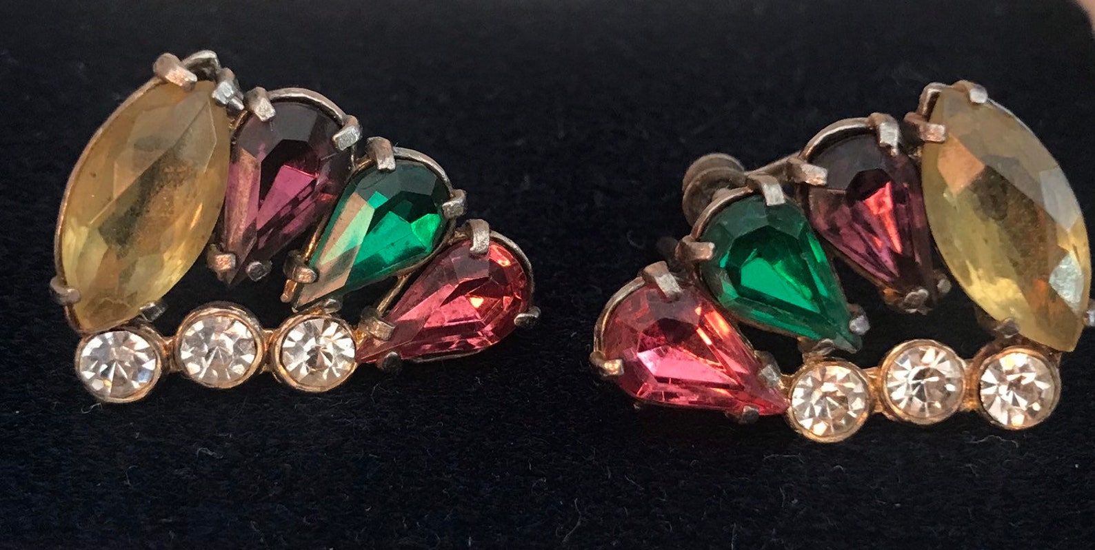 Multi Colored Rhinestone Screwback Earrings Pronged Vtg - Etsy