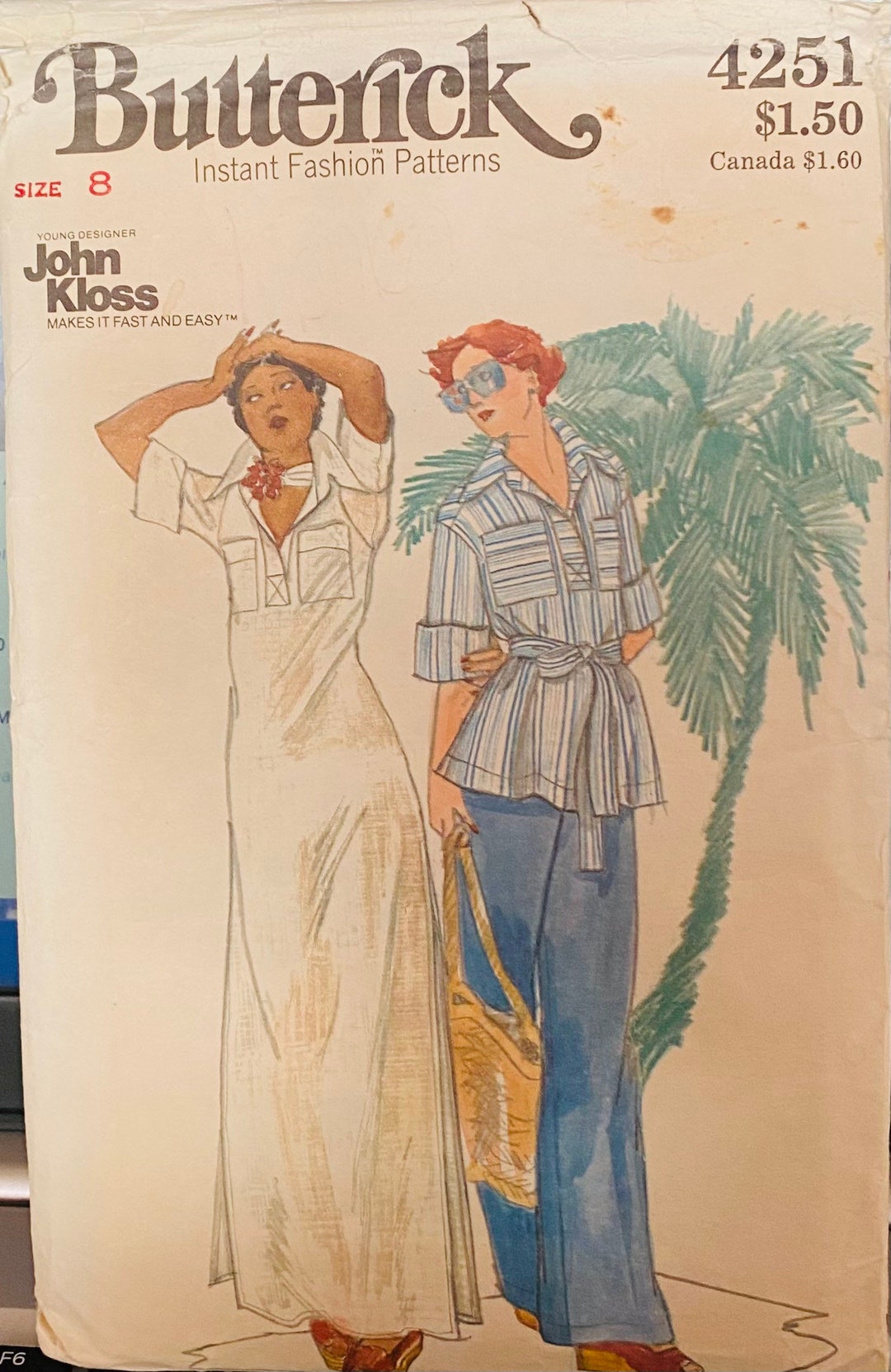 Butterick 4251 Misses Sz 8 John Kloss Dress Caftan Top Pants VTG 70s ...