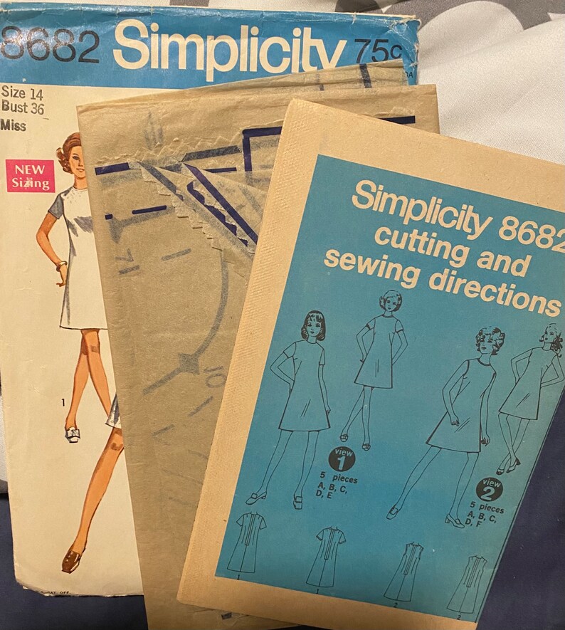 70’s Simplicity 8682 Jiffy Pattern Misses Shift Dress Size 14 Bust 36 ...